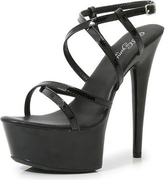 Generic Noir,38 EU,Escarpins à Talons Aiguilles et Brides pour Femmes, Bout Ouvert, Plateforme, Talons Hauts, Boucle, Chaussures de soirée de Mariage avec Tal