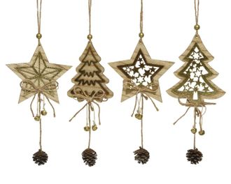 Kaemingk Christbaumschmuck Holz 22x12cm 4er Set Sterne Tannenb&auml;ume Glocken Zapfen Natur braun Gold