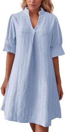 Generico Robe courte &eacute;l&eacute;gante pour femme avec col en V et manches mi-longues au look simple et pliss&eacute;e, bleu, XX-Large