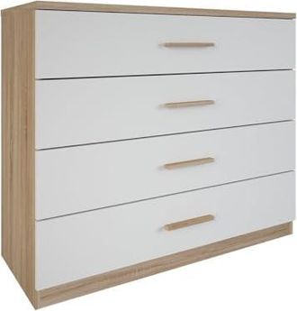 Demeyere Selena Commode de Chambre Adulte scandinave 4 tiroirs, Blanc Perle/Chêne brossé, Bois, 100 x 41,6 x 84,7 cm