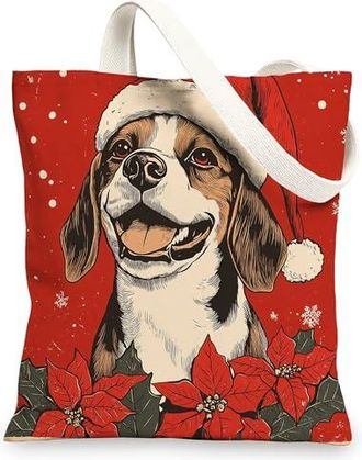 Generic Sac fourre-tout en toile r&eacute;utilisable pour le shopping Motif chien beagle de No&euml;l 33 x 38,1 cm