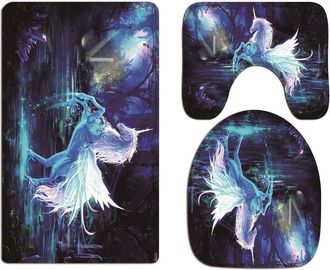 A.Monamour Badezimmer Badematte 3 Teilig Set Fantasie Einhorn Geheimnisvollen Wald Eiswasser Blauen Hintergrund Fee Thema Kunst Flanell Saugfähig Badteppiche Bad