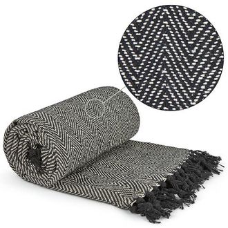 Emma Barclay Herringbone Tasselled Recycled Cotton Throw Überwurf, Baumwolle, Schwarz, 90x100 (228x254cm)