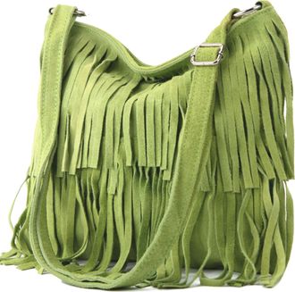 modamoda.de T125 Damen Leder Wildleder Schultertasche Umh&auml;ngetasche handmade in Italy, Farbe:Apfelgr&uuml;n