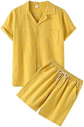Onsoyours Tenue Ensemble Homme Lin De Couleur Unie T-Shirt à Manches Courtes Short à Taille éLastique Set DéContracté Pantalon Et T Shirt B Jaune L