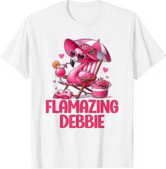 BDAZ Flamazing Debbie Pink Flamingo Tropical Beach Scene Damen T-Shirt