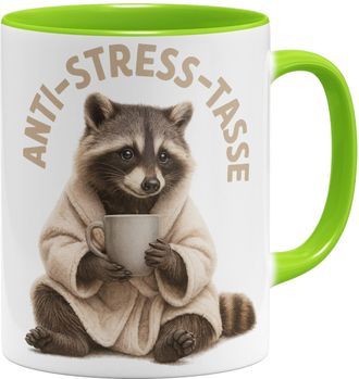 OM3 Waschb&auml;r Anti-Stress Kaffee-Tasse mit Spruch - Lustige Raccoon Keramiktasse mit Bademantel - Keramik Becher - 325ml - Beidseitig Bedruckt - Hellgr&uuml;n