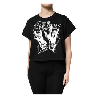 Dolce & Gabbana Schwarzes Baumwoll T-Shirt mit Kurzen &Auml;rmeln und Druck - - Tops - Damen - Schwarzk - 3XL