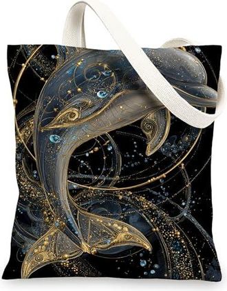 Generic Sacs fourre-tout en toile motif dauphin, sacs dépicerie réutilisables, élégants, légers et lavables avec bandoulière, noir, 13x15 Inch