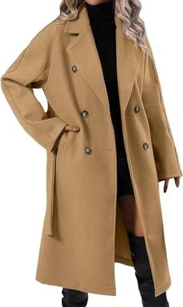 Generico Trench pour femme élégant et long manteau en laine à manches longues Couleur unie avec col roulé Vêtement chaud dhiver avec ceinture, beige, XL