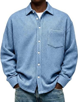 Generic Chemise boutonn&eacute;e &agrave; manches longues pour homme - Chemise gaufr&eacute;e &agrave; revers avec poche - Coupe d&eacute;contract&eacute;e - Chemisier daffaires urbain &eacute;l&eacute;gant - Haut 