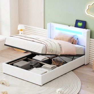 Generic Gepolstertes Kinderbett 90x200 mit LED-Lichtleiste, Bluetooth-Player und USB-Ladeger&auml;t, Zwischengeschoss-Bett, Teenager-Bett mit Lamellenbox (Wei&szlig; + g