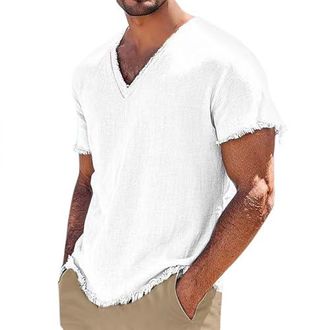 Generic T-shirts pour hommes col en V blanc, chemise en lin &agrave; manches courtes pour homme T-shirt &agrave; manches longues Hem ray&eacute;, chemise en lin pour les loisirs, 