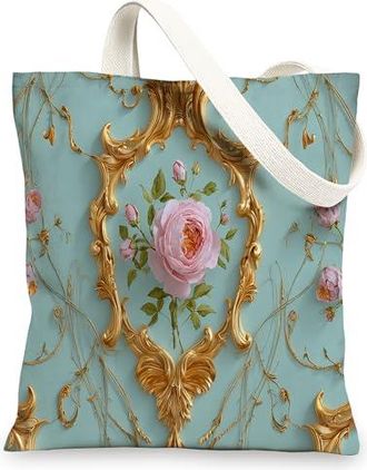 Generic Sacs fourre-tout élégants en toile florale, sacs à provisions réutilisables, motif rose vintage, décoratif, léger, lavable à lépaule Stra, bleu, 13x15