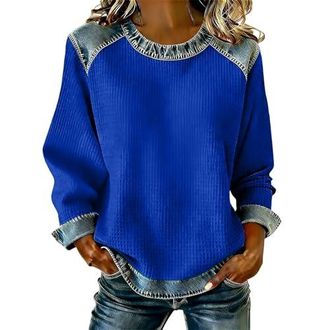 Generic Sweat-shirts pour femme sans capuche vintage en tricot gaufr&eacute; denim patchwork sweatshirts surdimensionn&eacute;s &agrave; col rond pulls de couleurs blocs de couleu