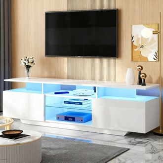 Generic Modernes TV-Entertainment-Center 160 cm &raquo;MediaFlow&laquo; - Hochglanz-TV-Schrank mit LED-Lichtleiste, 2 Schrankf&auml;chern - F&uuml;r bis zu 70-Zoll-Fernseher (MDF)