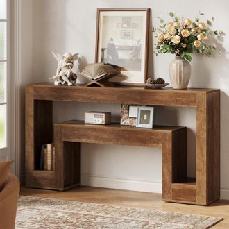 Tribesigns 160 cm rustikaler Konsoletisch mit 2-stufigem Regal, schmaler Sofatisch im Landhausstil f&uuml;r den Eingangsbereich, Flur, Wohnzimmer oder hinter dem Sofa