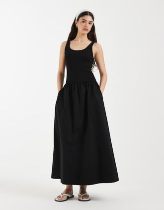 & Other Stories Robe longue en jersey avec corsage ajust&eacute; et jupe en popeline de coton - Noir-Jaune