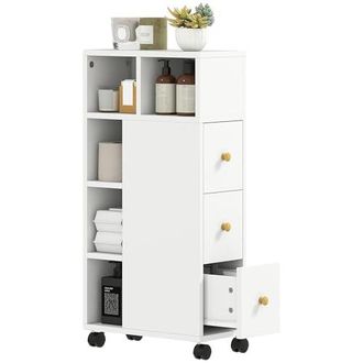 HOMCOM Meuble de Salle de Bain à roulettes, Meuble de Rangement étroit, Armoire Salle de Bain 3 tiroirs, 5 Compartiments Ouverts et étagères réglables, pour 