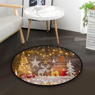 Mnsruu Weihnachtsteppich mit Hirschbaum, Schneestern, Hirsch, rund, für Wohnzimmer, Schlafzimmer, 92 cm Durchmesser