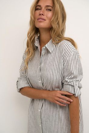 Kaffe Kaffe Damen Shirt, mittelhoch, Button-Up, Lange &Auml;rmel, entspannte Passform Kleid, Kreide/Black Stripe, 38