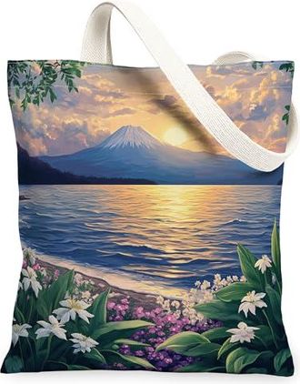 Generic Spring Hosta Sac fourre-tout en toile pour le shopping 33 x 38 cm, motif floral, mer, montagne, sac d&eacute;picerie r&eacute;utilisable pour femme, motif floral, d