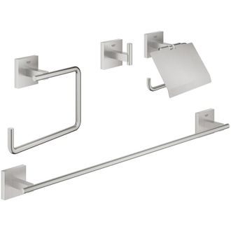 GROHE QuickFix - Start Cube - Set daccessoires 4 en 1 pour salle de bain - Finition Supersteel 41115DC0 (&agrave; visser ou &agrave; coller) - Grohe