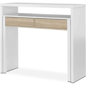 PEGANE Pegane - Table console extensible convertible en bureau blanc et ch&ecirc;ne - Dimensions 88 cm hauteur x 99 cm longueur x 36-70 cm profondeur - M&eacute;lamine