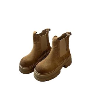 Generic QXDZSW Bottes r&eacute;tro en cuir de vache mat Chelsea Thi Bot Bottes montantes &agrave; bout rond pour femme, Camel profond., 37.5 EU