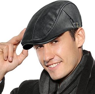 Feoya Casquette en Cuir Homme B&eacute;ret Plate Noir Chapeau Gavroche Casquette Newsboy R&eacute;glable Chapeaux Gatsby Respirant Casquettes Souples Flat Cap Bec de Cana