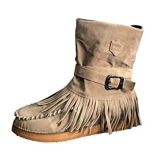 Generic Bottes de cowboy à franges pour femmes, bottes de cowgirl bohème tendance pour femme, bottes de cowgirl occidentales rétro ethniques compensées larges