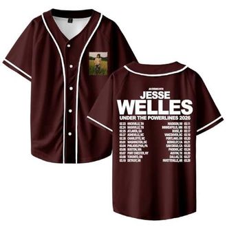 Generic Jesse Welles Under The Powerlines Tour 2026 Maillot de baseball col en V Unisexe V&ecirc;tements streetwear &agrave; manches courtes, marron, 3XL