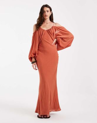 Asos robe longue drap&eacute;e &agrave; manches blouson drap&eacute;es et lien &agrave; pompon couleur rouille-Multi