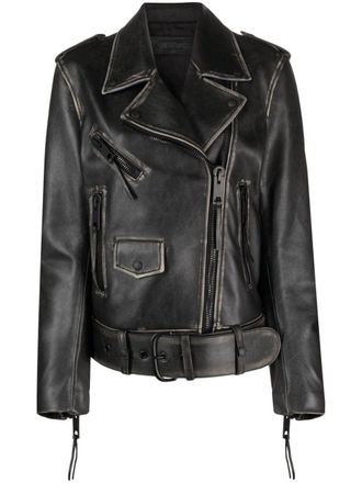 Off-white veste de moto en cuir &agrave; effet d&eacute;lav&eacute; - Noir