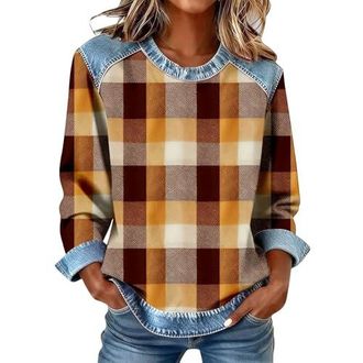 Generic Sweat-shirt en denim patchwork surdimensionn&eacute; &agrave; col ras du cou pour femme, pull vintage Y2K, streetwear, printemps, sortie, chemises en jean &agrave; manches