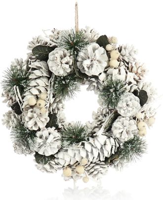 Com-Four Türkranz für Weihnachten - weißer Adventskranz mit Zapfen und Zweigen - Dekokranz - Weihnachtsdeko - Tischkranz - Weihnachtskranz