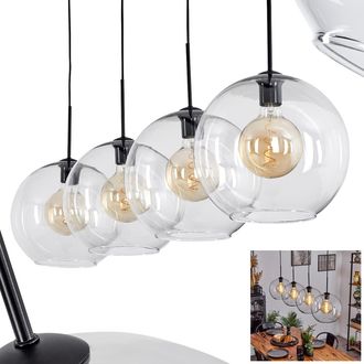 HOFSTEIN H&auml;ngeleuchte Koyoto, H&auml;ngelampe aus Metall/Glas in Schwarz/Klar, Leuchte 4-flammig im Vintage/Retro Design mit Schirmen aus Glas (&Oslash; 30 cm), H&ouml;he max. 