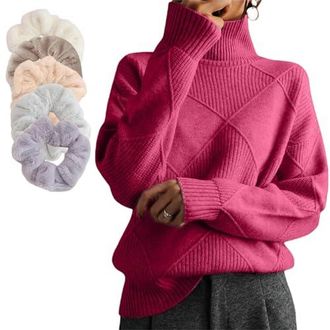 Generic Pull tricoté à col roulé à motif losanges pour femme, pull à manches longues pour automne, coupe ajustée, pull surdimensionné, rose rouge, XXL