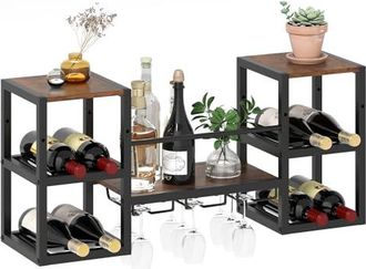 Giantex GOPLUS Range Bouteille Murale &agrave; 3 Niveaux 89x25x40 CM, Casier &agrave; Bouteilles en M&eacute;tal Industriel avec 8 Portes-Vins, 9 Portes-Verres et 3 &Eacute;tag&egrave;res Ouver