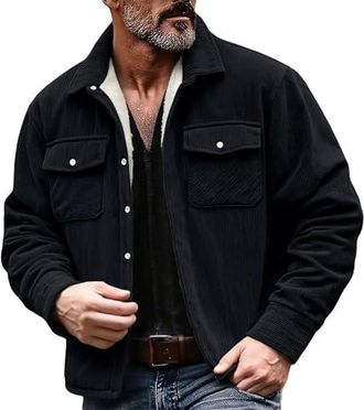 Generic Veste dhiver en velours c&ocirc;tel&eacute; pour homme avec fermeture &eacute;clair int&eacute;grale et col &agrave; revers d&eacute;contract&eacute; avec poches, veste ample coupe-vent chaude pour 