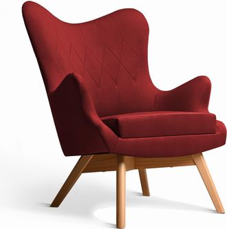 MG Design Ohrensessel aus Samt in Rot - Bequemer Polstersessel mit Holzbeinen, hoher R&uuml;ckenlehne & weichem Samtbezug f&uuml;r Wohnzimmer oder Schlafzimme