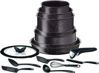 T-fal Ingenio Kochgeschirr-Set, 15-teilig, Induktion, Antihaftbeschichtung, Herd, Kasserolle, Deckel, hergestellt in Frankreich, extreme Steinoptik L6789102