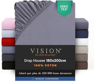 Vision Streetwear Drap Housse - 100% Coton Lit Double (180x200cm) - Gris | Coins &Eacute;lastiqu&eacute;s | Tissage Serr&eacute;: 57 Fils | Convient aux Matelas Jusqu&agrave; 30cm | Confortable | 