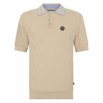 Philipp Plein Homme, Tops, Beige, Taille: 2XL Polo Tricot Monogramme Jacquard