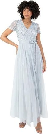 Maya Maxi Dress for Women Ladies Bridesmaid V-Neck Ball Gown Short Sleeves Long Elegant Empire Waist Wedding, Robe de Demoiselle dhonneur Femme, Ice Blue