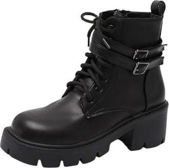 Generic Bottes de motard pour femme &agrave; talon &eacute;pais - Bottines &eacute;l&eacute;gantes &agrave; lacets - Bout rond - Boucle de couleur unie - Fermeture &eacute;clair lat&eacute;rale - Confortable