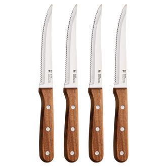 San Ignacio Set von 4 Messern f&uuml;r Fleisch - Edelstahl - Blatt mit Matt -Finish - Blatt 12,5 cm - Acacia -Holzgriff - Perfekt f&uuml;r Grill - Griff Bauchmuskeln
