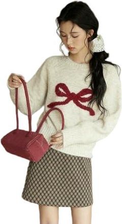 Generic QXDZSW Beige Pull Femmes Brod&eacute; Noeud Papillon O-cou Manches Longues Top Automne L&acirc;che Vintage Slim Outwear, oatmeal, Taille unique