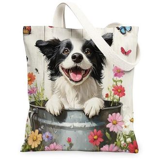 Generic Sac fourre-tout en toile motif chien border collie printanier 33 x 38,1 cm, joli sac &agrave; bandouli&egrave;re r&eacute;utilisable en bois de fleur rustique pour femme, 