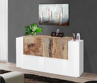 Möbelando Sideboard Kommode Highboard Beistellschrank Anrichte Schrank Catania II Weiß Hochglanz/Ahorn Nachbildung